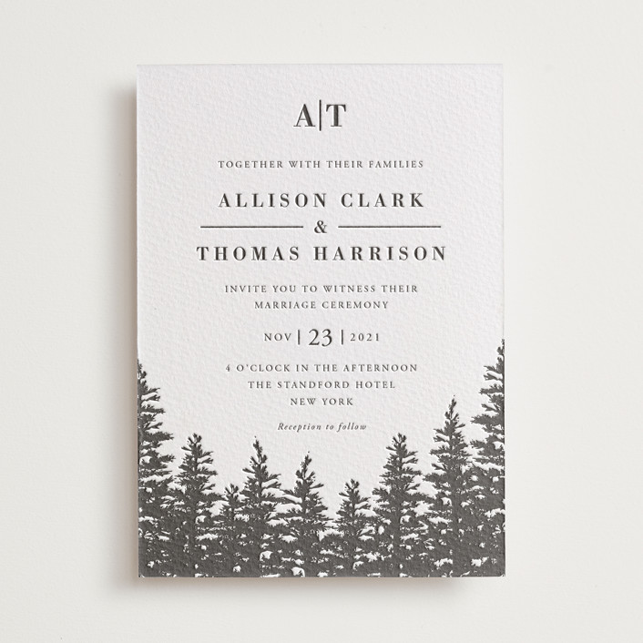 Modern Pine Letterpress Wedding Invitations by Oma N. Ramkhelawan | Minted
