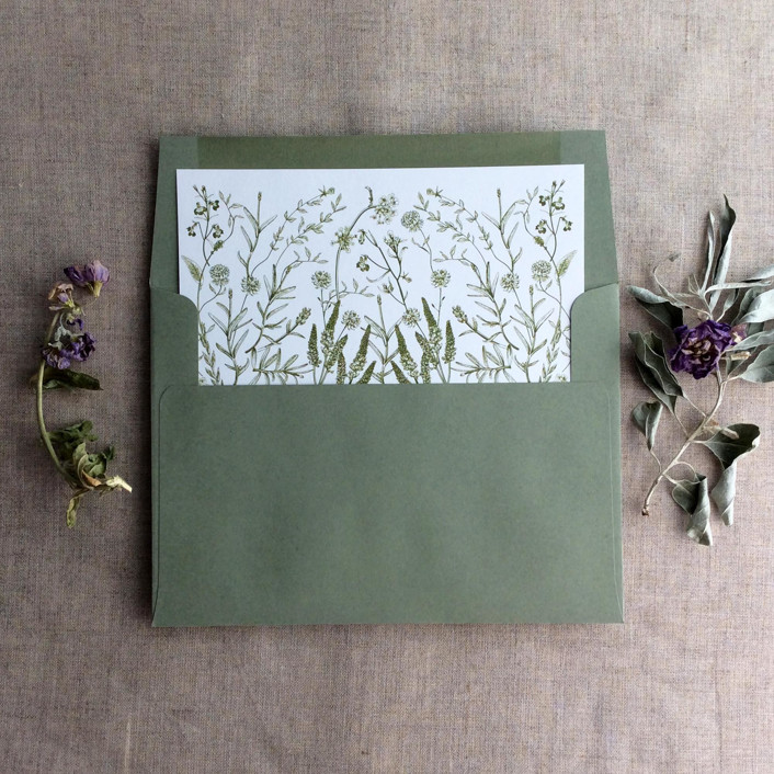 Moss green English botanical garden floral envelope liner for A7 square ...