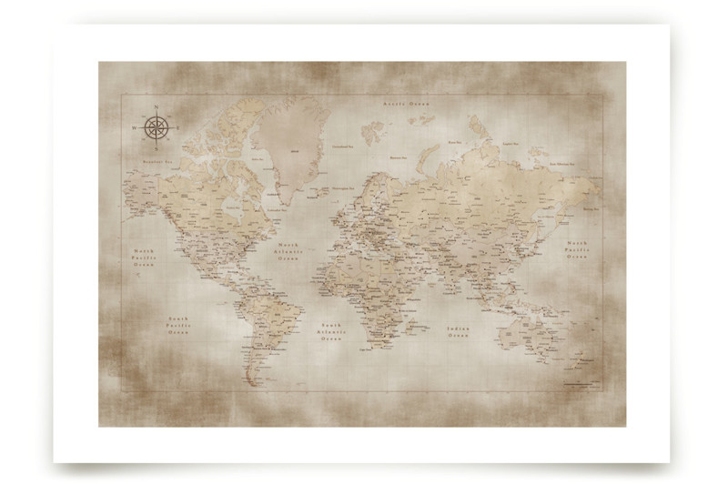 Vintage sepia world map Fine Art Prints by Rosana Laiz Blursbyai | Minted