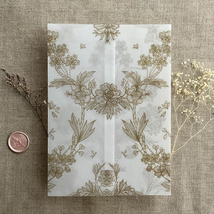 Venetian floral lace hazelnut color printed vellum wrap for 5x7 card ...