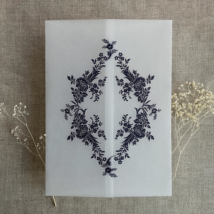 Midnight blue print French floral crest vellum wrap for 5x7 card | pack ...