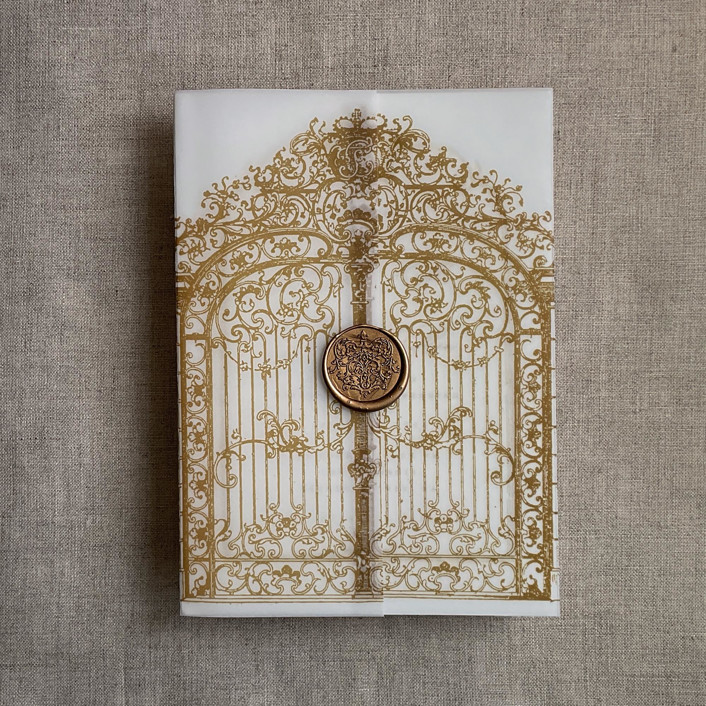 Classic gold vintage style arched gate printed vellum wrap for 5x7 card ...