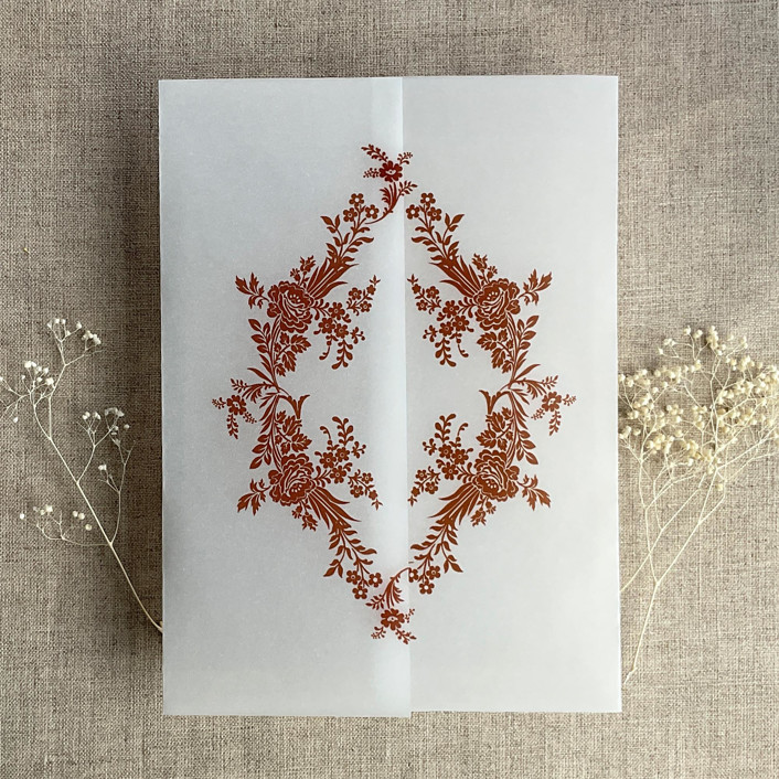 Rust print French floral crest vellum wrap for 5x7 card | pack of 10 ...