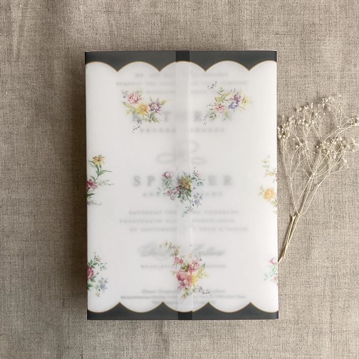 Clara black scallop floral edge printed vellum wrap for 5x7 card | pack ...