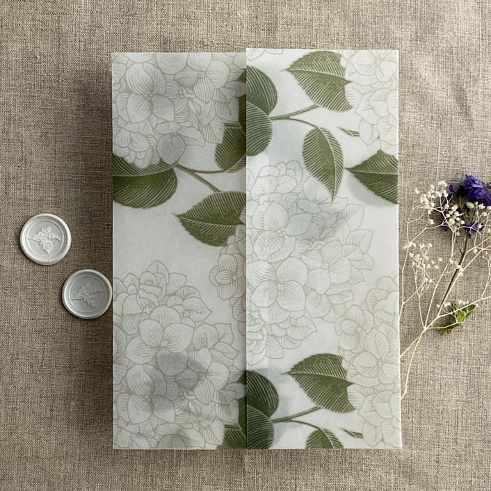 Antique Hydrangea flower moss leaf printed vellum wrap for 5x7 card ...