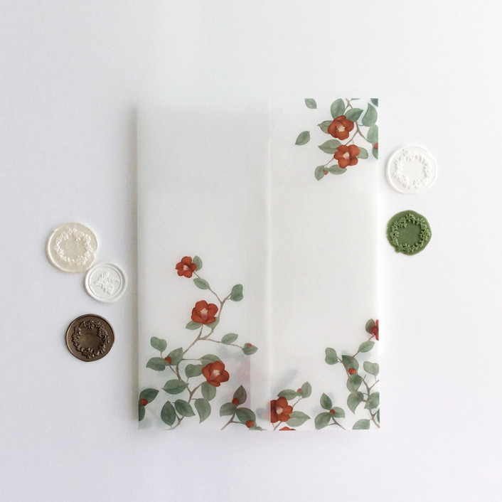 Red velvet Camellia floral branch printed vellum wrap for 5x7 card ...