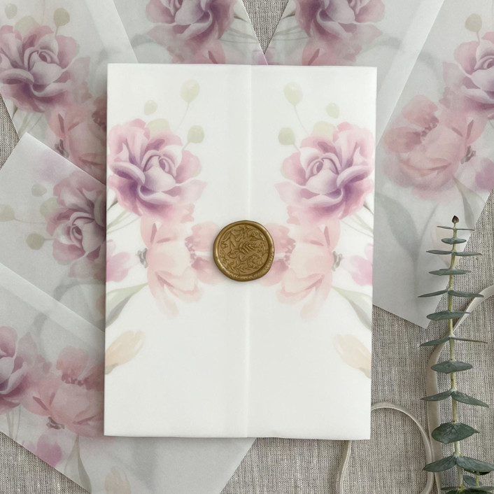 Pink roses vellum wrap for invitations | Set of 10 Invitation Jackets ...