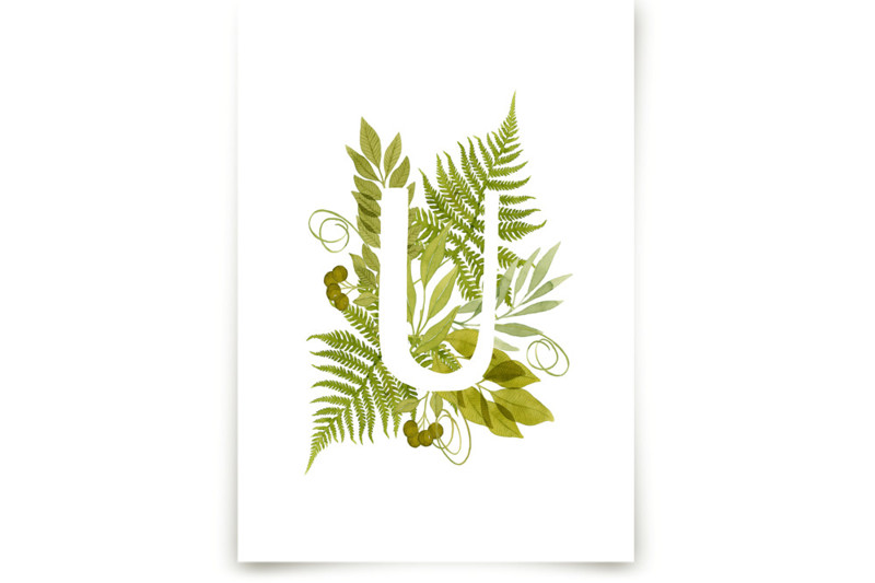 Floral Monogram with Fern. Letter U Fine Art Prints by Helga Wigandt ...
