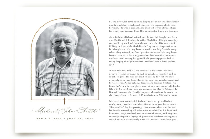 Crossed Arch Obituary Print Foil-Pressed Memorial Obituary Prints by ...