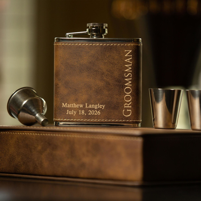 Rustic Brown Custom Engraved Bridal Party Flask Gift Set Couple gifts ...