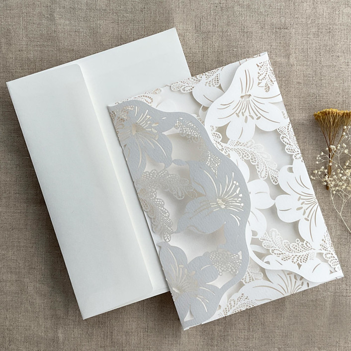 White Lily Floral Lasercut Pocket for 5x7 inch Invitation | Pack of 10 ...
