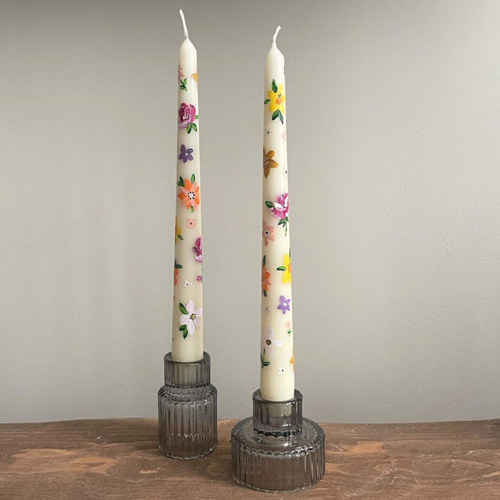 Ivory with Multicolor Flowers Hand-Painted Taper Candles, Set of 2 Candles by Ashley Myers | Minted