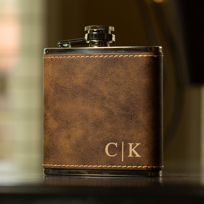 Custom Engraved Rustic Brown Flask Groomsmen Gifts by Deborah Keck | Minted