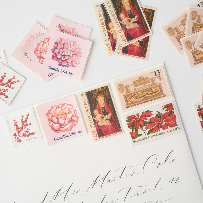 Pink & Red Holiday Floral Vintage Postage Set // Set of 5 // UNUSED ...