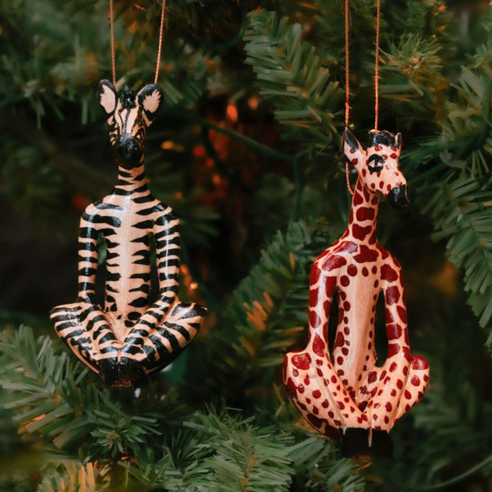 Painted Wood Yoga Fitness Pals Giraffe Zebra Ornament Set Ornaments by ...