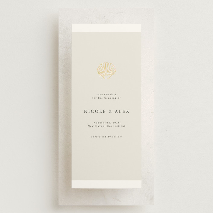 Simple Seashell Foil-Pressed Tall Save the Date Cards by Hannah Bowman ...