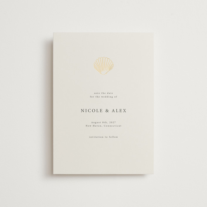 Simple Seashell Foil-Pressed Save the Date Postcards by Hannah Bowman ...
