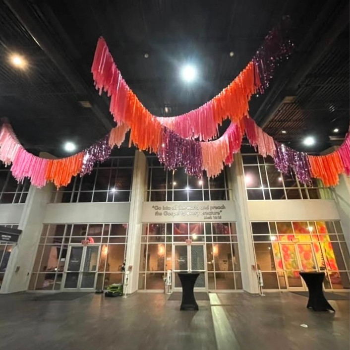 Pink and orange ceiling install Backdrops by Party with Ava | Minted
