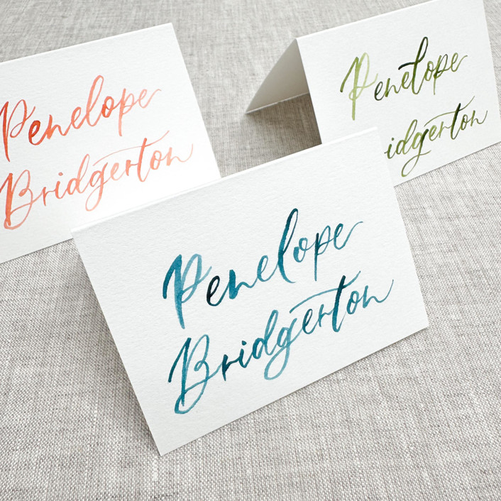 Custom place cards with watercolor lettering | Tent place cards with ...